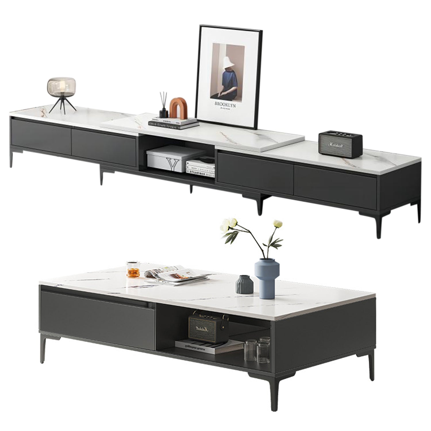 Foret Coffee Table Expandable TV Stand Set Modern Drawer Open Shelf Li ...